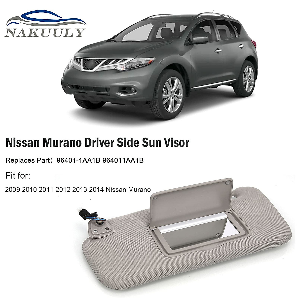 Nakuuly Left Driver Side Sun Visor with Light Compatible with 2009 2010 2011 2012 2013 2014 Nissan Murano Gray Sunvisor Replaces # 96401-1AA1B