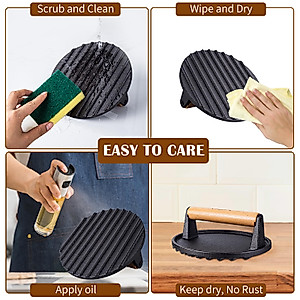 Jazzsthup Smash Burger Press, 6.88" Round Bacon Press with Wood Handle, Perfect Hamburger Press Patty Maker, Food-Grade Cast Iron Burger Smasher for Griddle incl. 20Pcs Patty Paper