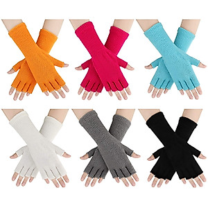 6 Pairs Unisex Half Finger Gloves Warm Stretchy Knit Fingerless Gloves 8.6 Inches Soft Gloves for Women Men (Black, White, Blue, Orange, Pink, Grey)