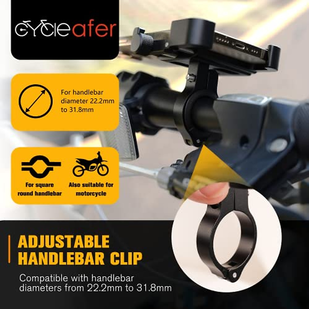 Cycleafer Bike Phone Holder & Motorcycle Phone Mount for Hands-Free Navigation with iPhone 14 Plus/Pro Max, 13 Pro Max, S9, S10 & Other 4.7"-6.8" Smartphones, Scooter Phone Clip