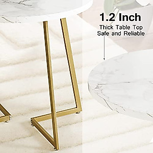 VECELO Small Round Dining Table Set for 2, Wood Marbled Tabletop with Steel Frame, Modern Dinette with Chairs for Kitchen Breakfast Nook Living Room, White and Gold