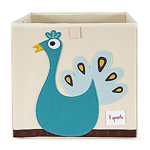 3 Sprouts Children's Large 13 Inch Foldable Fabric Storage Cube Box Polka Dot Sheep Toy Bin with Blue Peacock Toy Bin