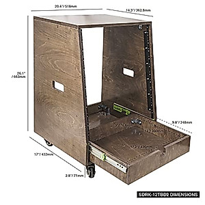 Sound Town 12U DIY Solid Baltic Birch Plywood Slanted Studio Rack with 12U Rack Space, Extra 2U Drawer, Rubber Feet, Casters, Weathered Brown (SDRK-12TBD2)