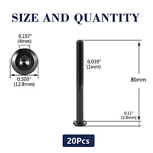 M6 x 80mm 20Pcs Flat Head Hex Socket Cap Screws Bolts, 304 Stainless Steel 18-8, Partially Threaded, Black Oxide by SG TZH (with Hex Spanner)