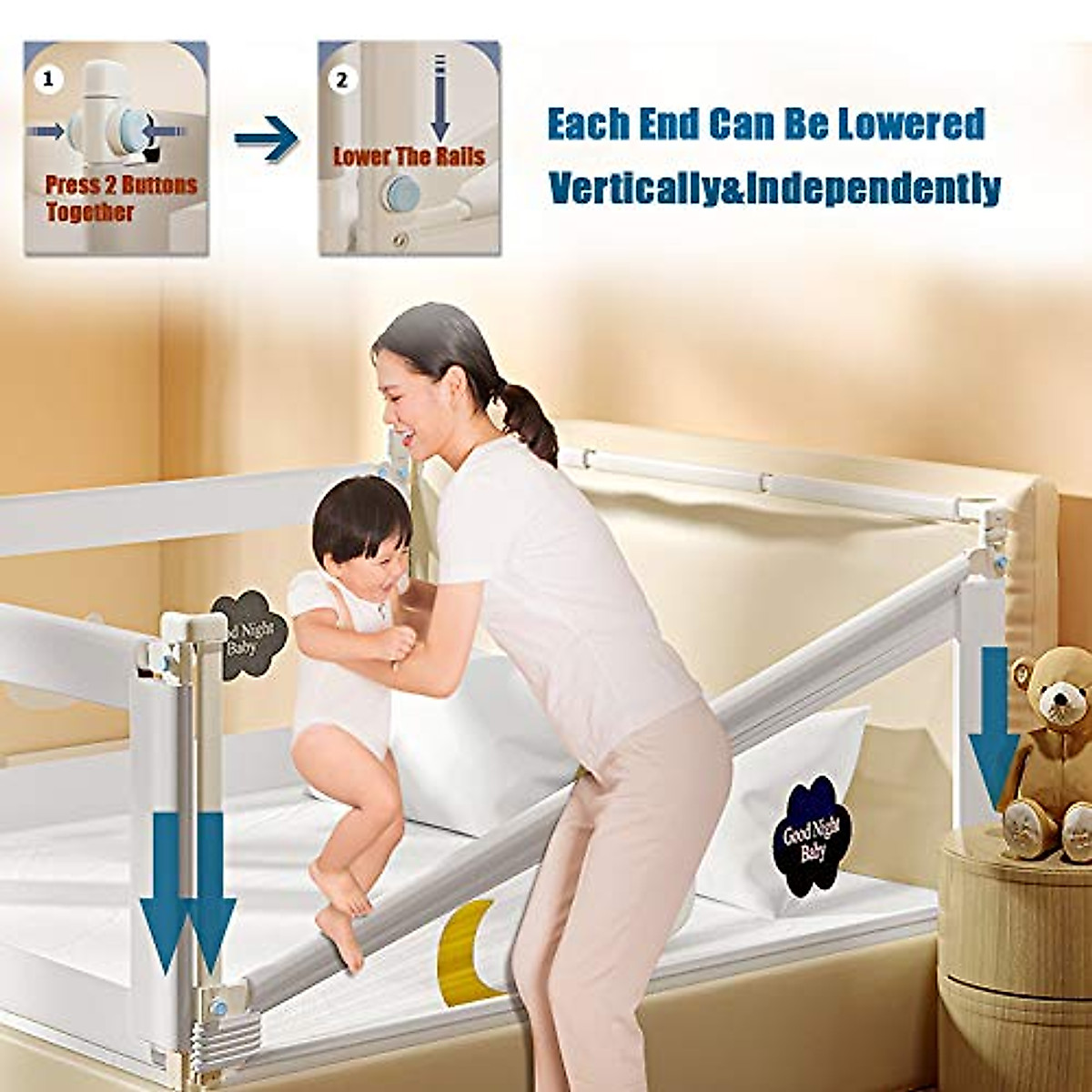 Bed Rail for Toddlers, 60’’70’’75“78’’86’’ Extra Long Baby Bed Rail Guard Lifting Vertically, 1 Side of Free-Tool Assembled Bed Rail Guard for Toddlers Fit Queen Bed, King Bed (75 Inch, Grey Moon)