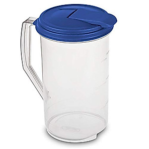 Sterilite 2 Quart Clear Plastic Drink Beverage Pitcher with Leak Proof Lid and Hinged Flip-Top Tab for Picnics, Camping, Events, Blue (6 Pack)