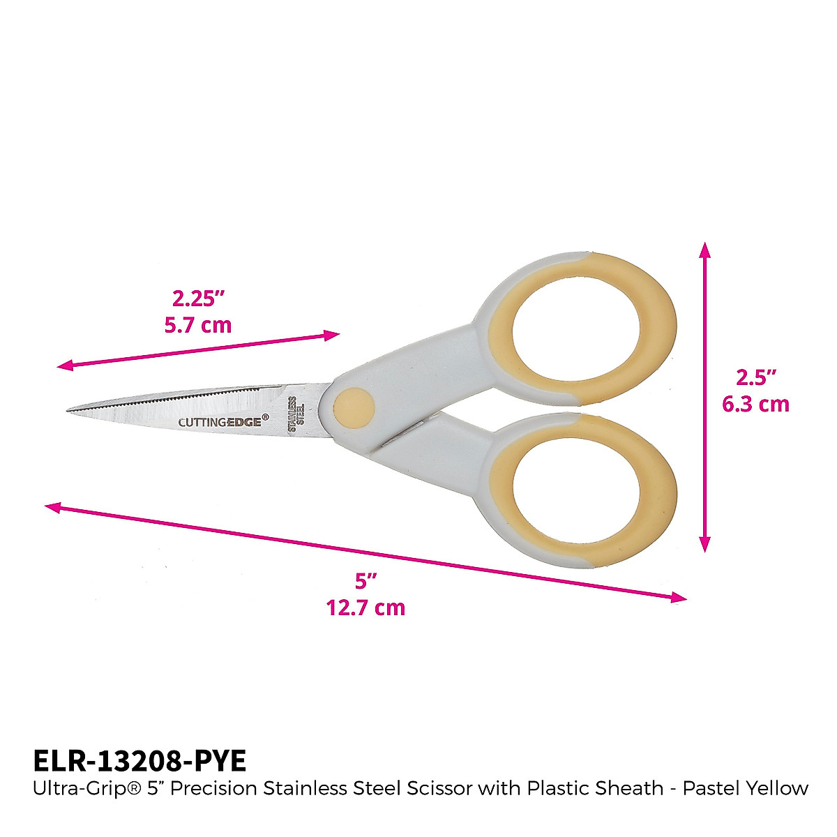ECR4Kids Cutting Edge Ultra-Grip 5" Precision Non-Stick Stainless Steel Scissors w/Sheath - Extra Sharp Pointed Tip - For Sewing and Crafting, Pastel Yellow