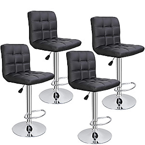 SUPER DEAL Set of 4 Bar Stools for Kitchen, Modern PU Leather Swivel Adjustable Counter Height Swivel Stool with Square Back (4, Black)