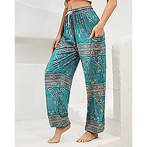 QIANXIZHAN Women's Harem Pants, Hippie Palazzo Pants Boho Joggers Yoga Clothes with Pockets Cyan Flower L