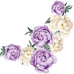 RW-C16 3D Peony Rose Wall Decals White Purple Floral Wall Stickers DIY Removable Watercolor Garden Rosees Green Leaf Wall Decor for Girls Women Bedroom Living Room Nursery Office Decoration (Purple)