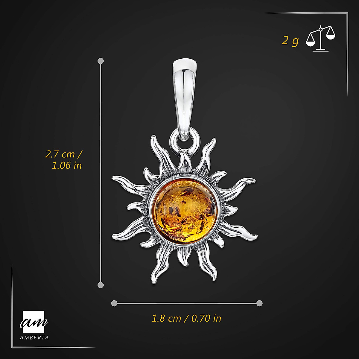 Amberta 925 Sterling Silver with Genuine Baltic Amber - Sun Pendant for Women - Honey Stone Color