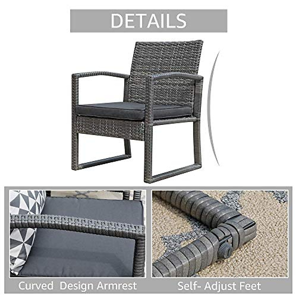 Patiorama 3 Pieces Outdoor Patio Furniture Set, Outdoor Wicker Conversation Set, Patio Rattan Chair Set, Modern Bistro Set with Coffee Table, Garden Balcony Backyard Poolside (Dark Grey)