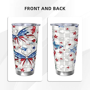 AYCZN Butterfly American 20 OZ Tumbler Stainless Steel Travel Coffee Mug, Usa Flag Star Insulated Water Bottle with Lid and Straws Leakproof Thermal Cup