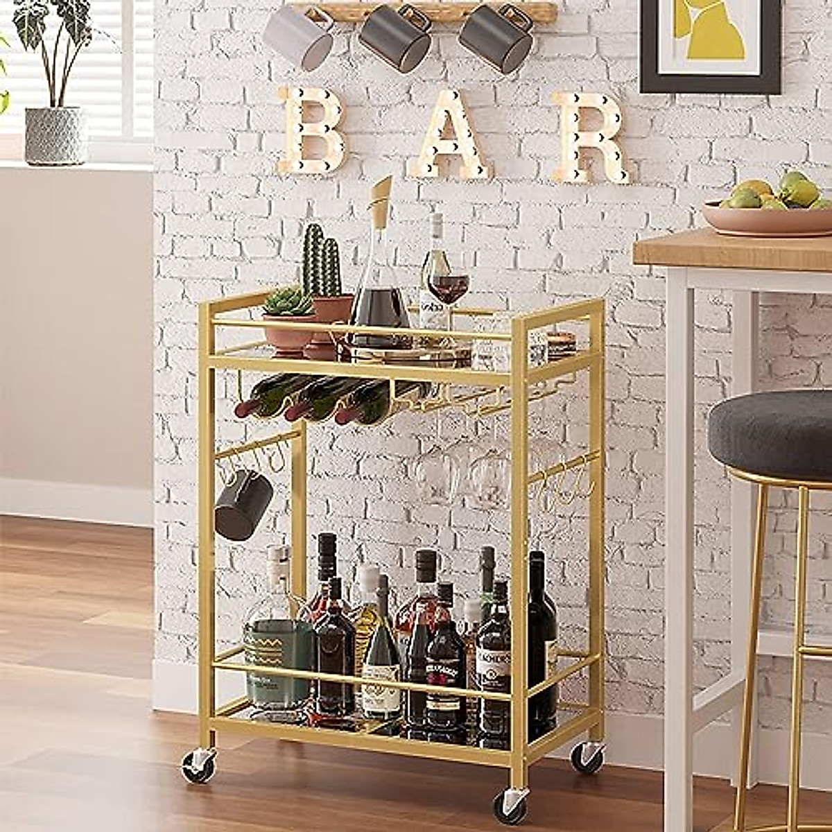VLOBAOM Serving Cart for Home, Bar Cart with Lockable Wheels, Wine Rack and Glass Holder, Mobile Liquor Cabinet Storage Shelf,24''Dx13''Wx33''H,Gold