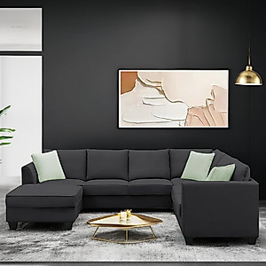 P PURLOVE Sectional Sofa, 7 Seats Modular Sectional Sofa with Ottoman, Fabric Sofa Corner Couch Set with 3 Pillows (Black)