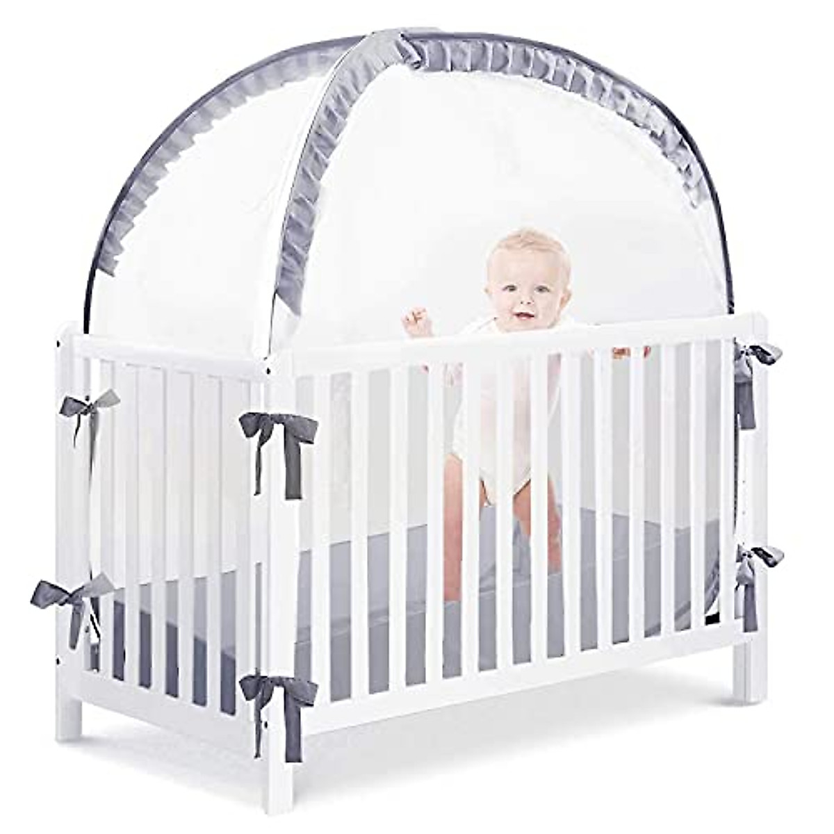 L RUNNZER Baby Safety Crib Tent to Keep Baby from Climbing Out,Pop Up Crib Tent to Protect Your Baby from Falls and Bite,See Through Mesh Top Nursery Mosquito Net