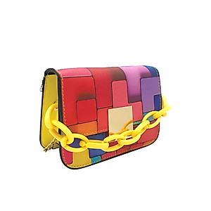 HUAI CHAOSmall Crossbody Bag for Women Girls Fashion Fun Leather Handbag Multi Color Blocks Chain Purse Yellow