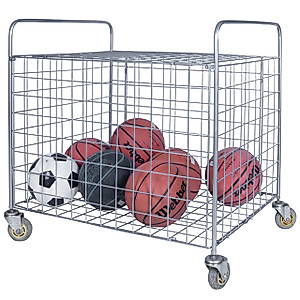 MyGift Professional Gym Chrome Silver Metal Multi Sports Ball Storage Cart with Jumbo Industrial Wheels, Commercial Grade Portable Equipment Locker Cage for Basketball, Football, Soccer, Volleyball