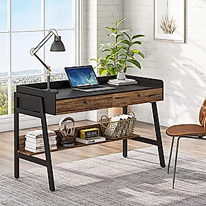 Tribesigns Computer Desk with 2 Large Drawers, 47 Inch Modern Home Office Desk with Storage Shelves, Industrial Writing Desk Study Table Workstation