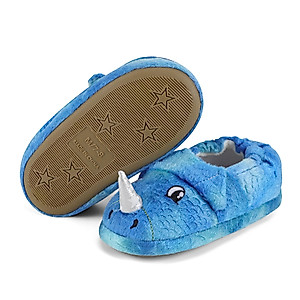 KAKU NANU Kids Slippers Cozy Animal Slippers for Boys Girls, House Indoor Non-Slip Rubber Sole Warm Memory Foam Shoes (7-8 Toddler,Blue)