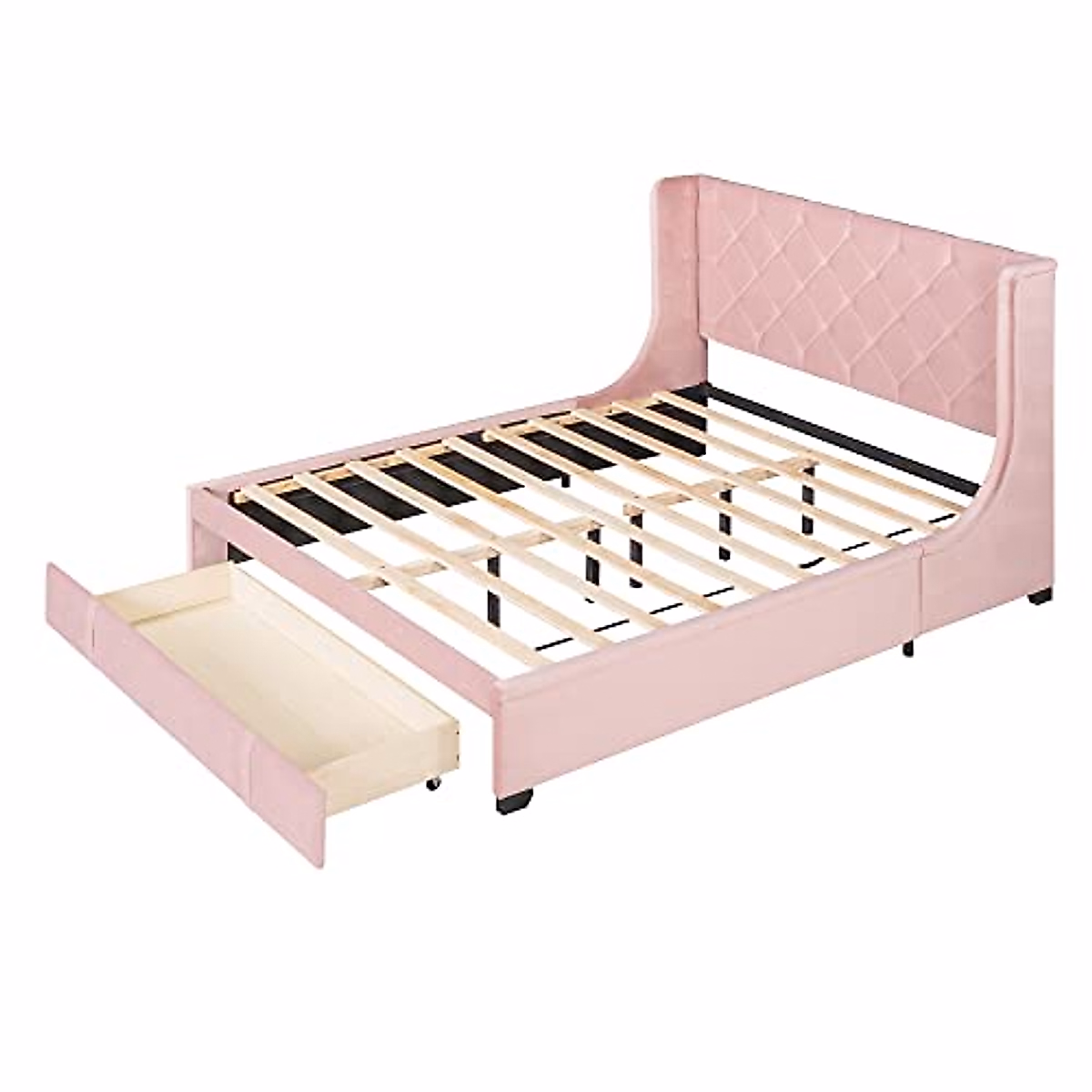 FIQHOME Queen Size Storage Bed,Velvet Upholstered Platform Bed with Wingback Headboard,Solid Wood Bed Frame with a Big Drawer,for Bedroom Guestroom,Easy Assembly,Pink