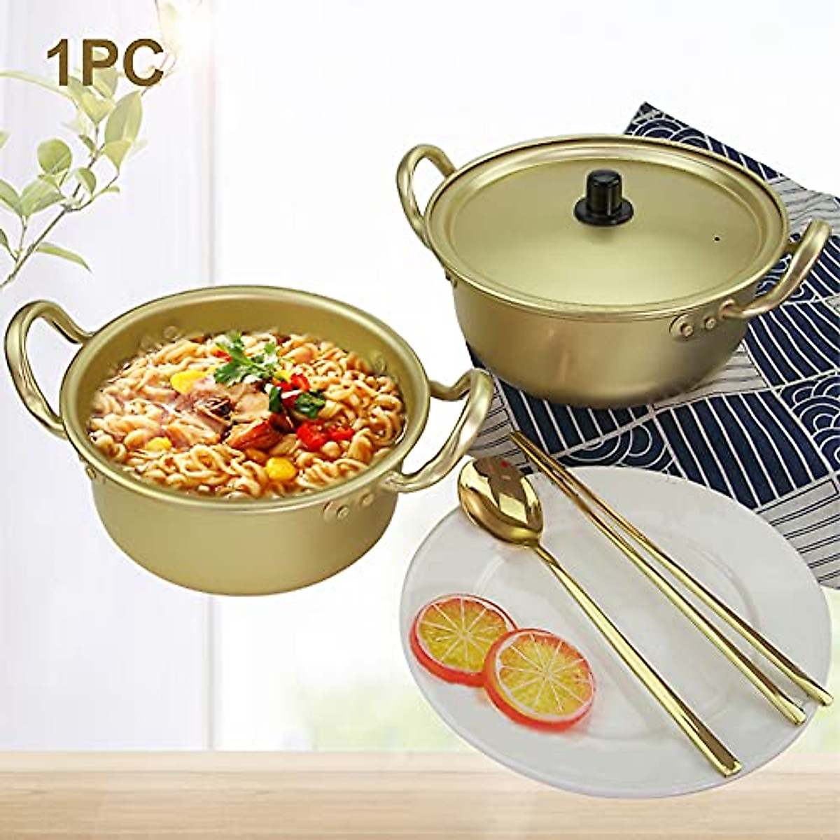 20cm Korean Ramen Cooking Pot with Spoon Chopsticks Lid Ramen Pot Fast Heating Instant Noodle Soup Korean Korean Ramen Noodle Pot Fast Heating For Kitchen Cookware(Gold)