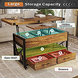 Itaar 40" Lift Top Coffee Table, 4 in 1 Coffee Tables with Storage for Living Room, Small Farmhouse Coffee Table with 2 Drawers & LED Light for Dining Reception Room, Rustic Brown