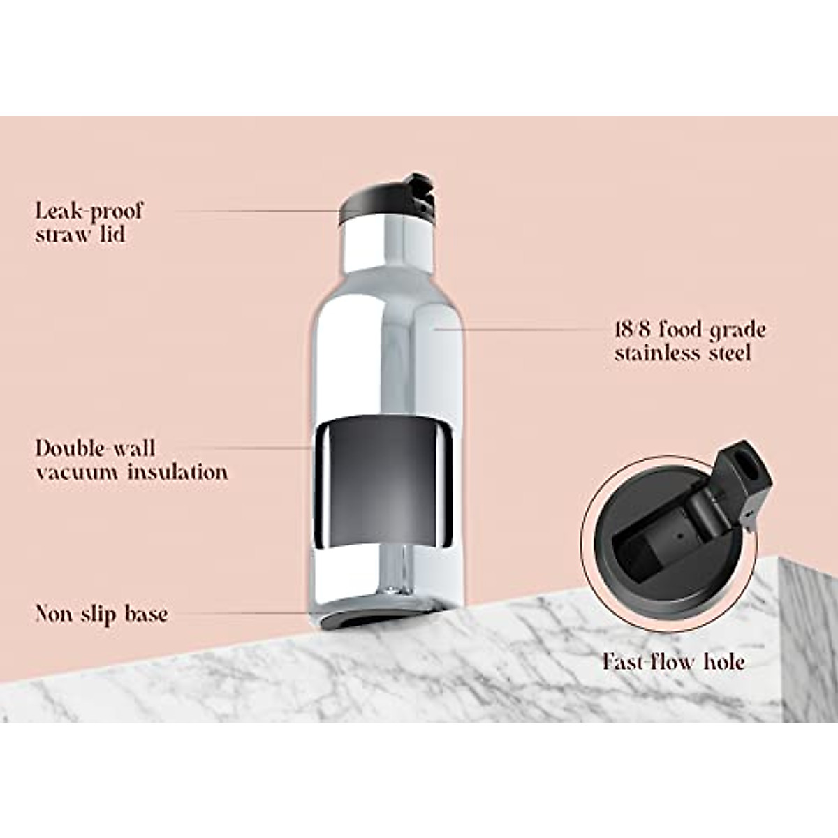 Meoky High-Fashion Water Bottle with Straw Lid and Strap, the Hottest Fashion Accessory for Women and Girls (17oz Silver)