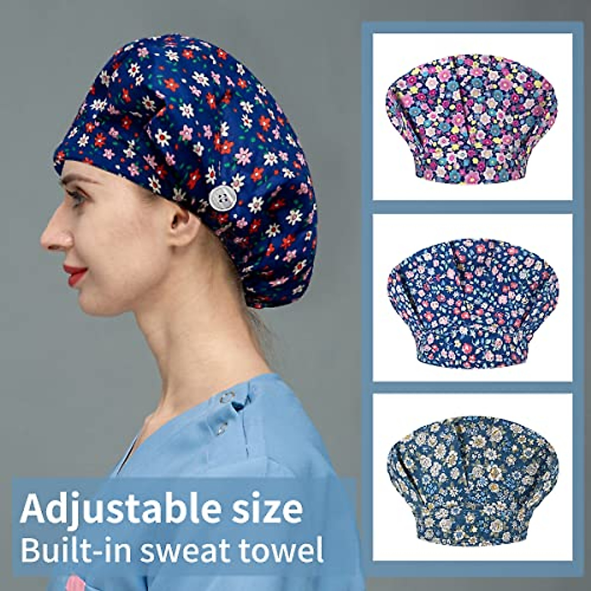niaahinn 4PCS Adjustable Bouffant Scrub Hats with Button & Sweatband Cotton Working Cap Cartoon Printing Nurse Hats (32001-32077-32096-32109)