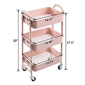 AGTEK Makeup Cart, Movable Rolling Organizer Cart, 3 Tier Metal Utility Cart, Rosiness