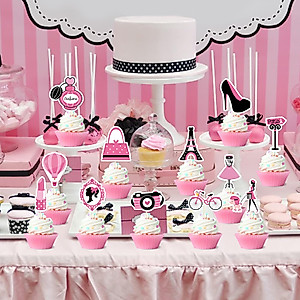 24 Pcs Pink Paris Princess Theme Cupcake Toppers for Girls Birthday Party Handbag Eiffel Tower Lipstick Tie High Heel Cupcake Decorations for Bridal Baby Shower Birthday Wedding Party Supplies