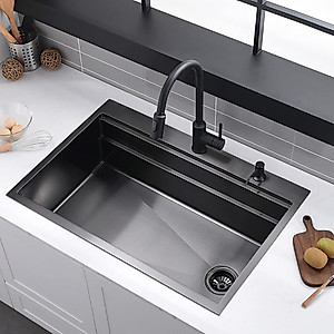 33x22 Inches Black Drop In Workstation Kitchen Sink, Gabhar 33" 16Gauge Black Stainless Steel Drop In Workstation Kitchen Sinks With Offset Drain