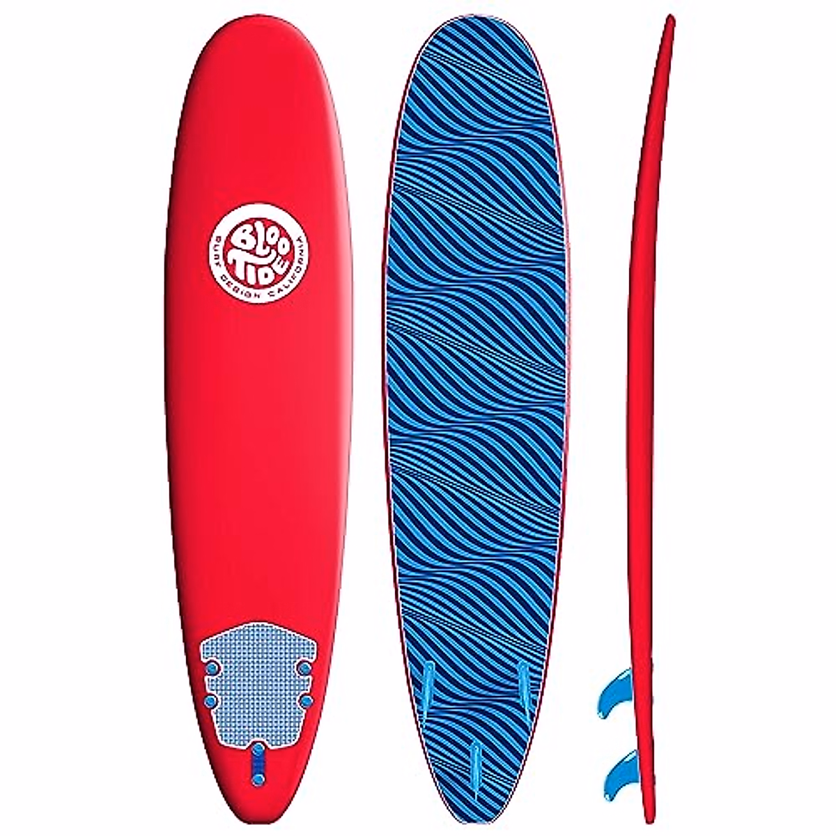 Bloo Tide 8ft Surfboard Soft top Red with Blue Wavizm Design Bottom Graphic