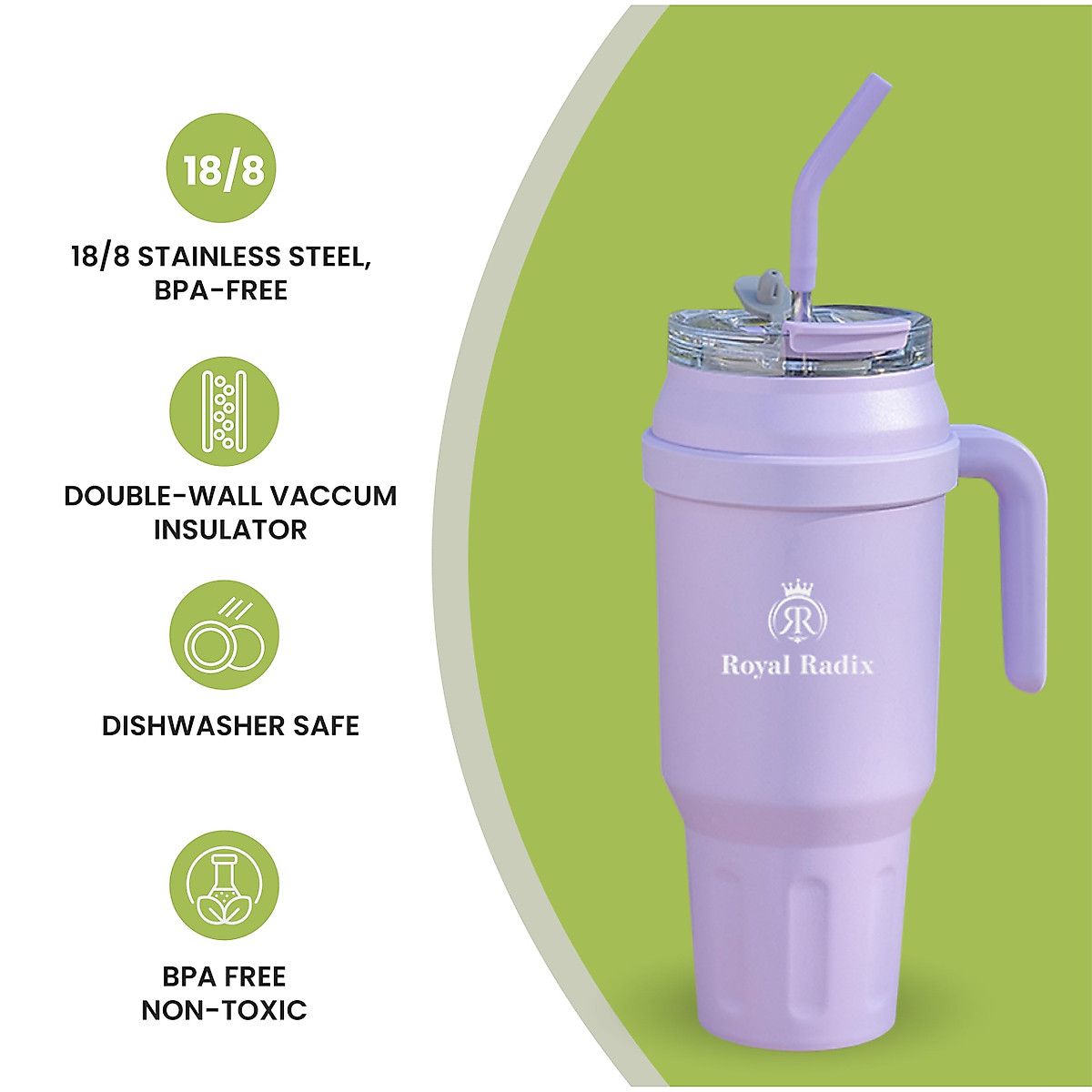 Royal Radix 50 oz Tumbler with Handle, 2 in1 Straw and Lid, Stainless Steel,Traveling Mug, maintain Cold for 24 Hours Hot 12H, Leakproof and Dishwasher Safe