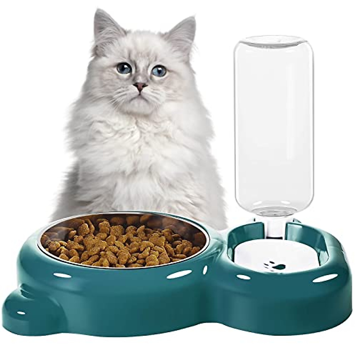 Azwraith Dog Bowls, Cat Food and Water Bowl Set with Water Dispenser and Stainless Steel Bowl for Cats and Small Dogs - Dark Green