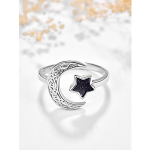 Dreamboat Sterling Silver Moon and Star Rings for Women Blue Sandstone Ring Witchy Ring Crescent Moon Ring Celestial Galaxy Ring Star Jewelry Gifts Adjustable Open Ring 7 8 9