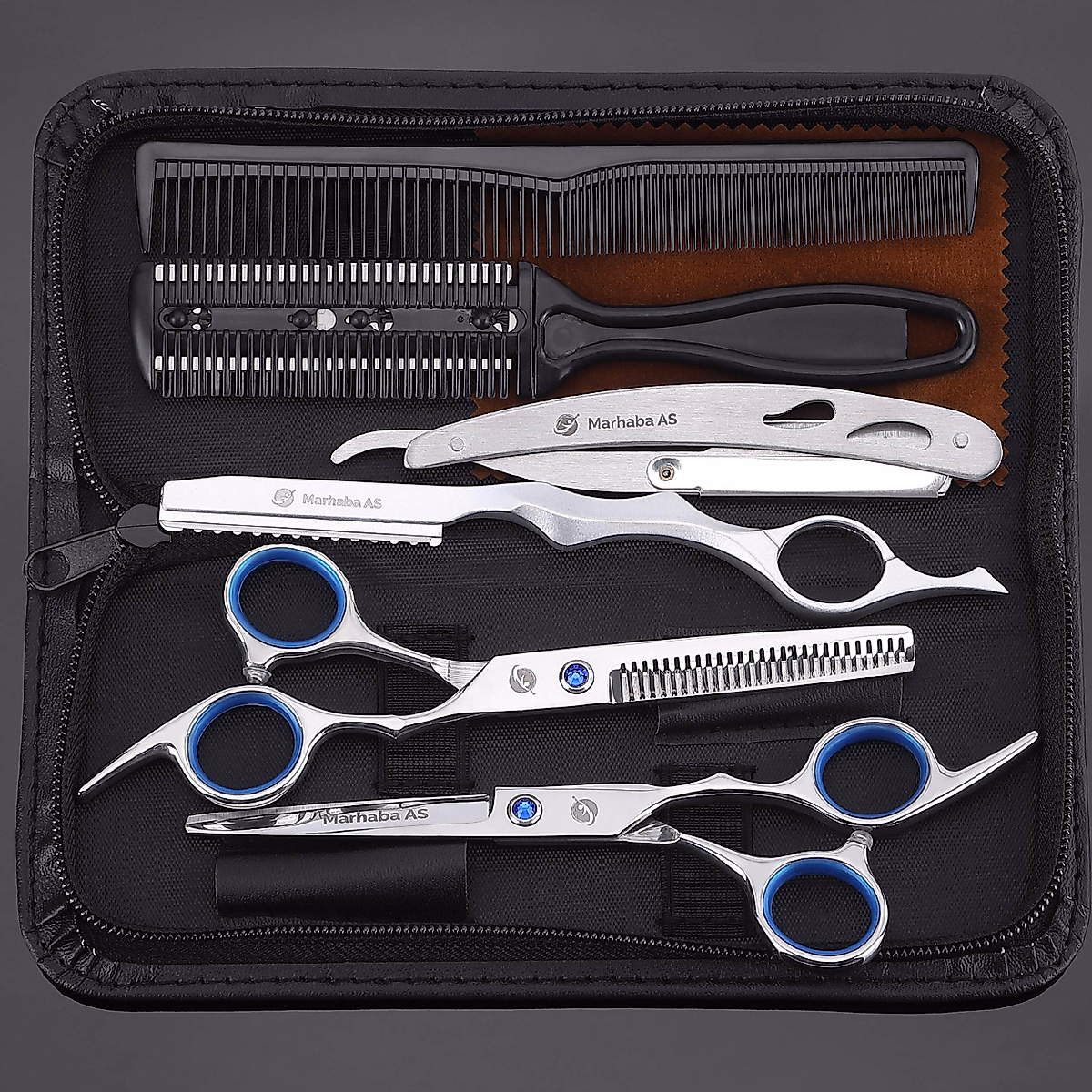 Marhaba AS Hair Cutting Scissors Kit - Professional 10 Piece Barber Scissors Set with Hair Scissors Thinning Shears for Hair Cutting, Stainless Steel Barber Scissors with Cape and Feather Razor