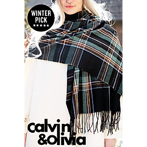 CALVIN & OLIVIA Women's Fall Winter Scarf Thick Classic Plaid Scarf Wrap Warmth Soft Oversized Cashmere Feel Scarves Amazing Tartan Black Green