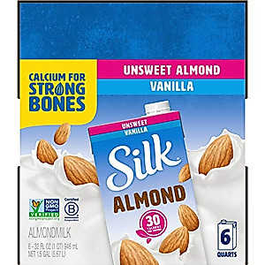 Silk Shelf-Stable Almond Milk, Unsweetened Vanilla, Dairy-Free, Vegan, Non-GMO Project Verified, 1 Quart (Pack of 6)