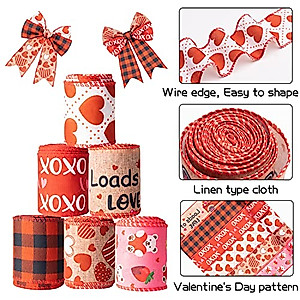 3sscha 6 Rolls Love Wired Edge Ribbons Loads of Love XOXO Bear Heart 2.5in x 30 Yards Romance Red Black Grid Wrapping Ribbon for Wedding Anniversary Proposal Marriage Decorations