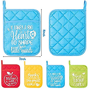 OSNIE 4Pcs Teacher Appreciation Pot Holders Heat Resistant Microwave Oven Mitt Potholders with Hand Pocket Hanging Loop Machine Washable Hot Pads Set End of The Year Teacher Gift for Cooking Baking