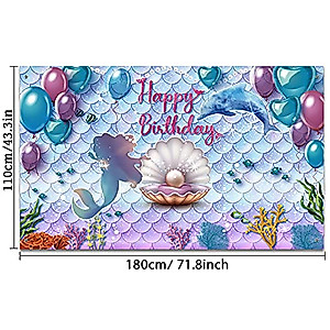 Under The Sea Mermaid Birthday Party Backdrop Girl Princess Mermaid Scales Birthday Photo Booth Backdrop Purple Blue Mermaid Pearl Whale Background Banner for Birthday Party Decor, 71 x 43 Inch