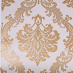 Yija Nordic Style Waterproof Shelf Drawer Liner Self-Adhesive Cabinet Sticker 17.7 Inch by 98 Inch (Gold Damask)