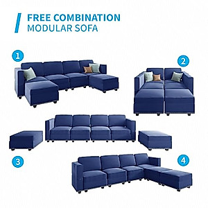 Mjkone Velvet Modular Sectional Sofa with Adjustable Armrest and Backrest for Living Room，U Shaped Couch 6 Seater Convertible Sectional Couch with Indidual Storage Ottoman -Velvet Blue