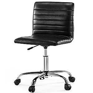 JHK Armless Modern Office Desk Chairs, Low Back Ribbed PU Leather Home Task Chairs for Small Space, Living Room, Studying, Height Adjustable 360-Degree Swivel Rolling Vanity Chair with Wheels, Black
