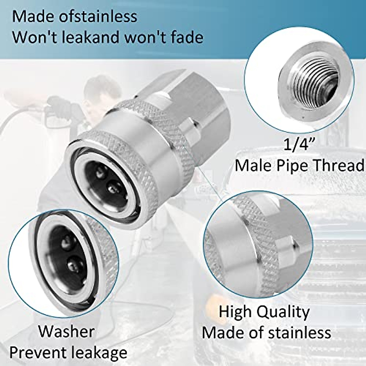 2 Sets NPT 1/4 Inch Pressure Washer Coupler Quick Connect Plug Stainless Steel Male and Female Quick Connect Fittings Pressure Washer Adapter Set (Internal Thread, External Thread) (1/4 inch)
