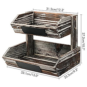 Rustic Fruit Basket Holder, 2 Tier Wood Fruit Stand with Chalkboards, Countertop Fruit and Vegetable Storage for Farmhouse Kitchen, Wooden Fruit Bowl for Vegetable Bread Snacks