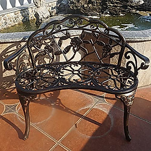 KAI LI 4-Piece Balcony Tables and Chairs, 1 Table, 2 Round Chairs and 1 Bench, Metal cast Aluminum, Bistro Suit, Garden Bench, Rose Pattern (Bronzed)