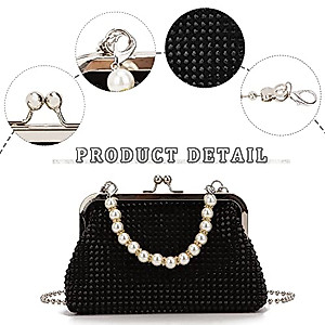SUKUTU Women Luxury Full Rhinestone Shoulder Bag Noble Kiss Lock Crystal Messenger Bag Clutch Handbag with Pearl Beaded Chain