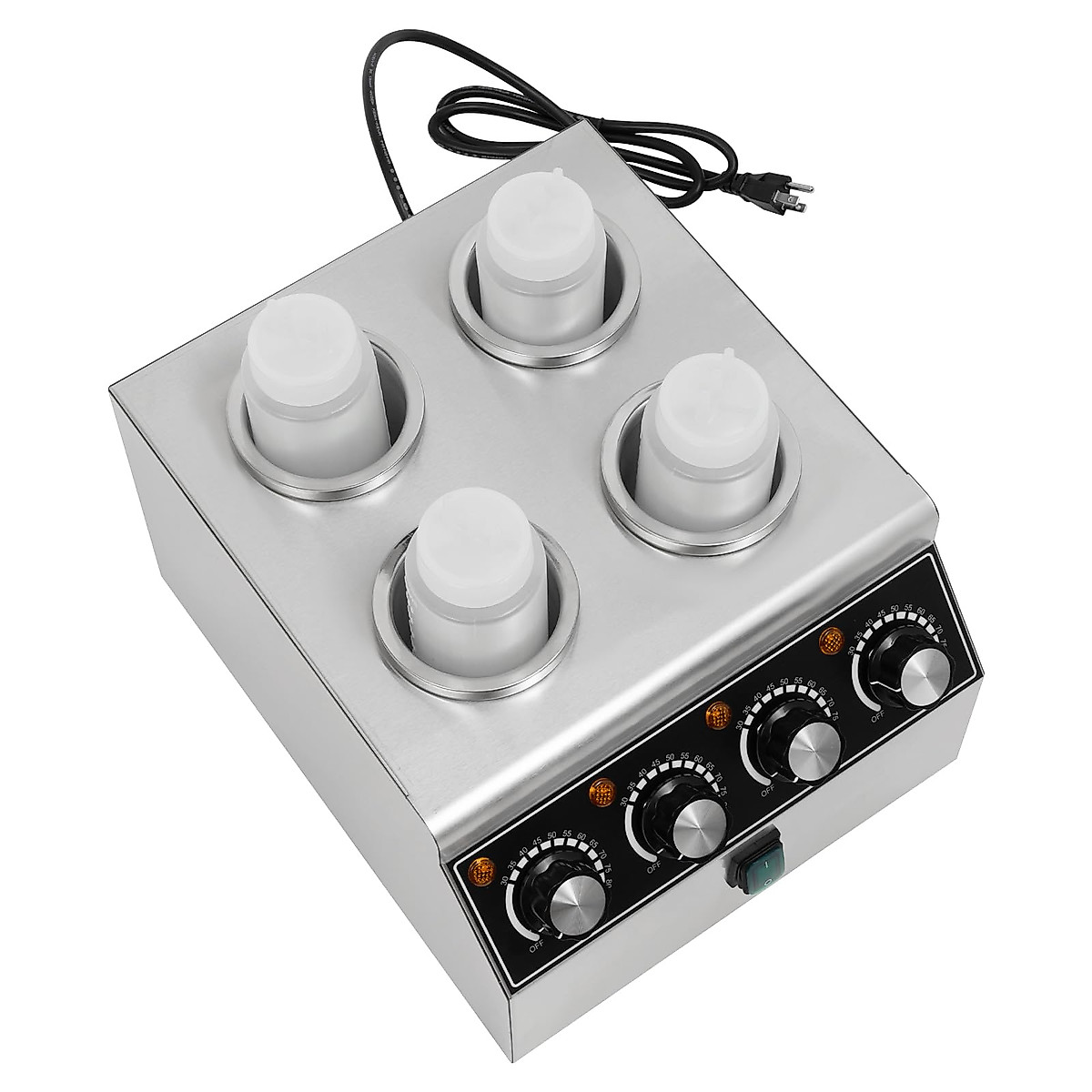 Electric Sauce Warmer Commercial Hot Fudge Warmer Dispenser Nacho Cheese Warmer Chocolate Jam Heat Preservation Machine with 4pcs 23oz Bottles,86~185℉Adjustable